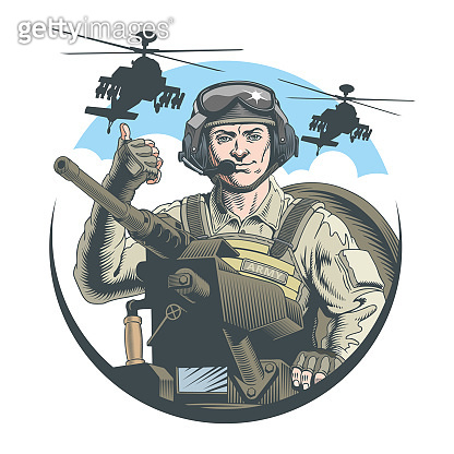 Tank commander or gunner in the turret of a tank. Vector illustration ...