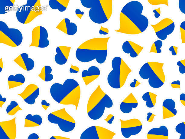 Hearts with the flag of Ukraine in yellow and blue. Seamless pattern ...
