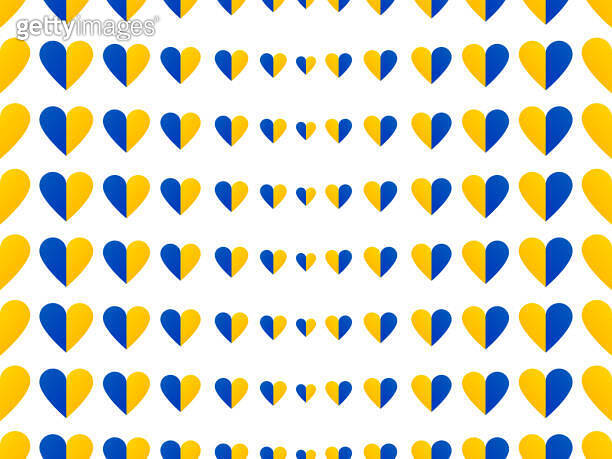 Hearts with the flag of Ukraine in yellow and blue. Seamless pattern ...