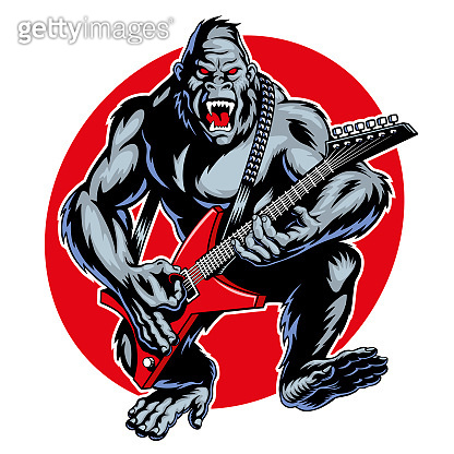 Gorilla playing electric guitar. Cool ape rocker mascot. Vector ...