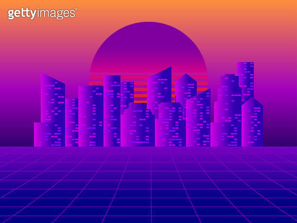 Sci-Fi city with retro sunset 80s. Cityscape with virtual reality grid ...