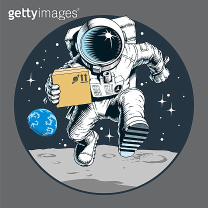 Space courier running. Super fast delivery service, astronaut holding ...