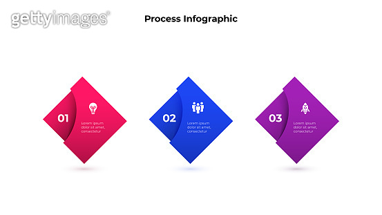 Horizontal progress diagram with three cubes. Concept of 3 steps of ...