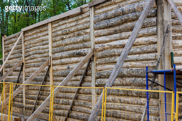 traditional wooden house peeled log wall during cobntruction process ...