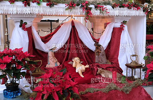 Nativity scene with baby Jesus. Elements of the Catholic Christian crib ...