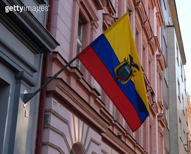 National flag of Ecuador, tricolor of yellow, blue and red, coat of ...