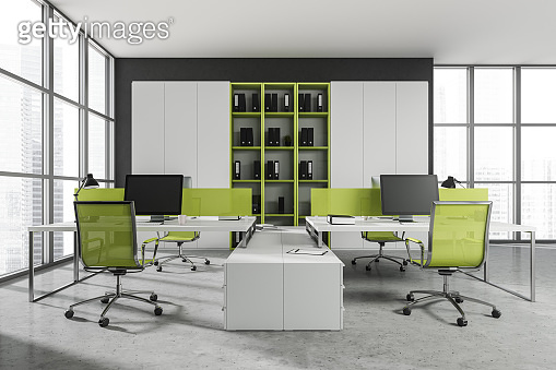 Front view on bright office interior with desk with desktop 이미지 ...