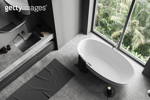 Top view on dark bathroom interior with round mirror, bathtub 이미지 ...