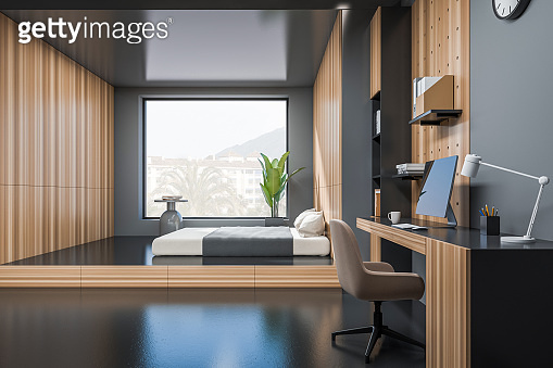Bedroom interior, bed and workspace with computer, shelf and panoramic ...