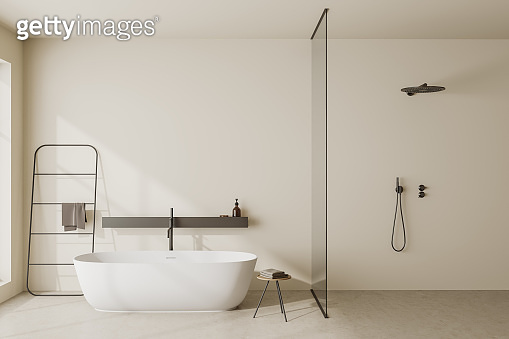 Front view on bright bathroom interior with bathtub, shower 이미지 ...