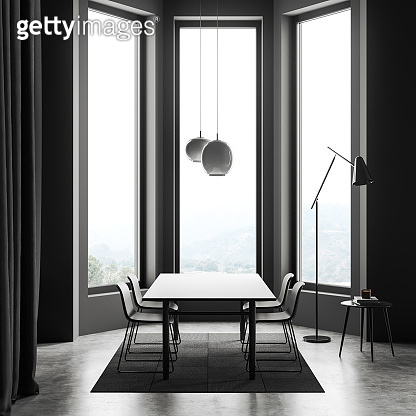 Front view on dark dining room interior with table, chairs (1397415679 ...