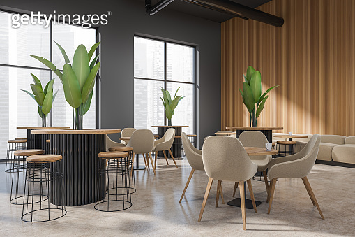 Modern cafe interior with table and seats, eating area and panoramic ...