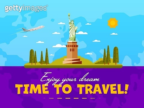 Welcome to USA poster with famous attraction 이미지 (1398086885) - 게티이미지뱅크