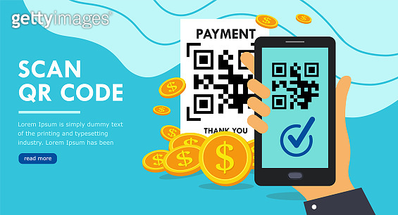 Scan QR code with smartphone. landing page with money and phone in hand ...