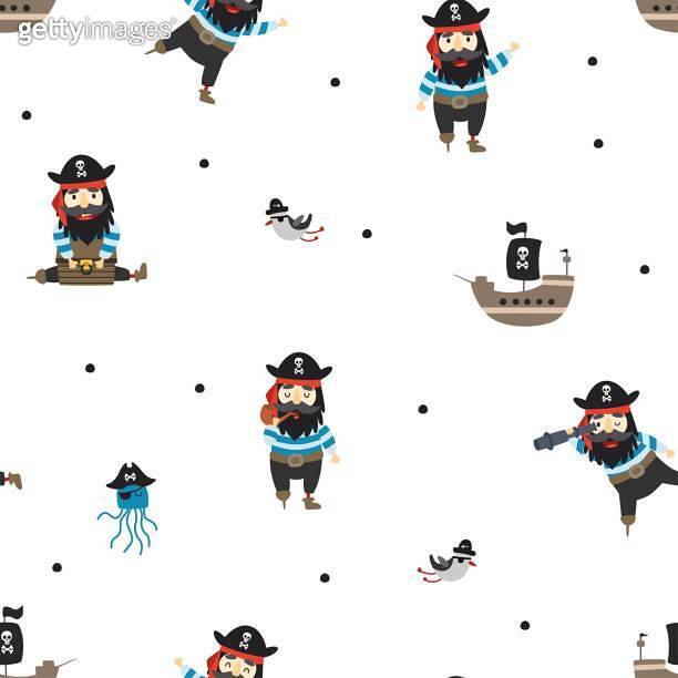 Seamless pattern pirates in different poses with seagulls, ships and ...