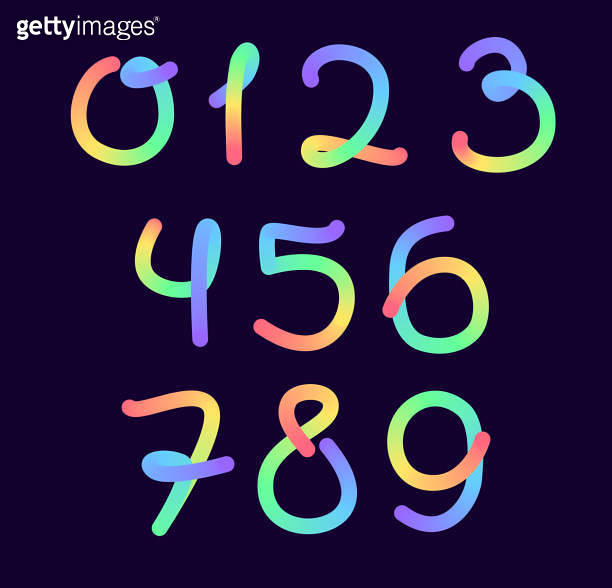 Fluid curve numbers in rainbow colours. Round font in 3D effect with ...