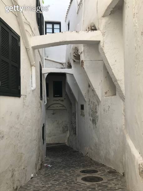 Spain - Minorca- Port Mahon- little street and view on the old town of ...