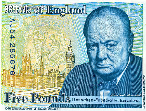 Detail of British five pounds banknote. Portrait of Sir Winston ...
