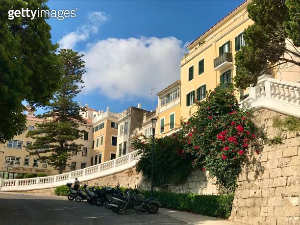 Spain - Minorca- Port Mahon- little street and view on the old town of ...