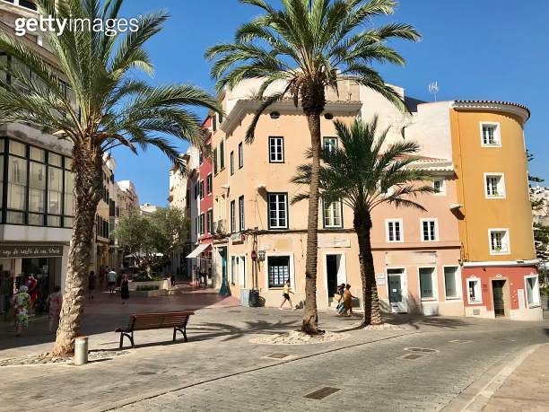 Spain - Minorca- Port Mahon- little street and view on the old town of ...