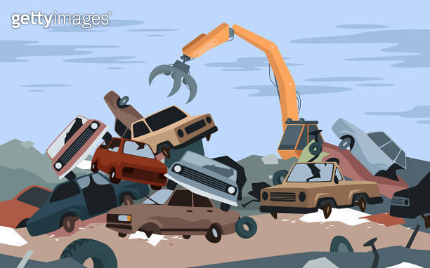 Cartoon steel crane working, dismantling scrapyard with old broken and ...