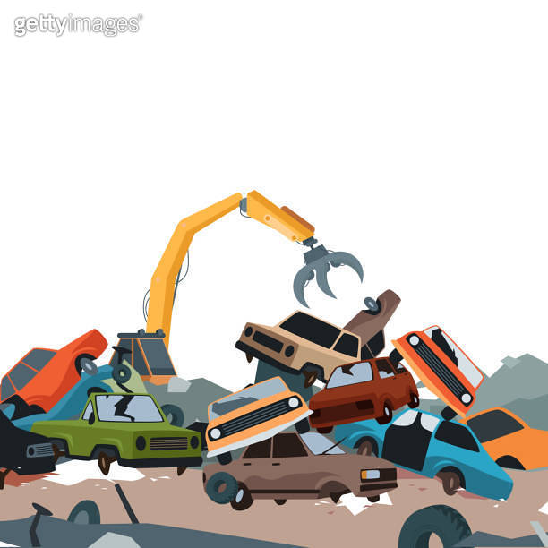 Car dump junkyard landscape with metal pile. Cartoon steel crane ...