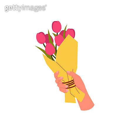 Hand holding spring bouquet with flowers, arm with cute romantic bunch ...