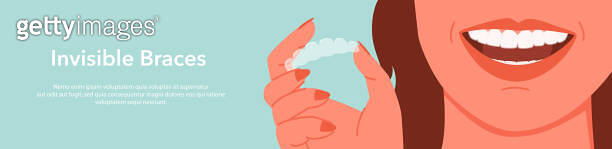 Cartoon woman holding invisalign transparent braces with smile ...