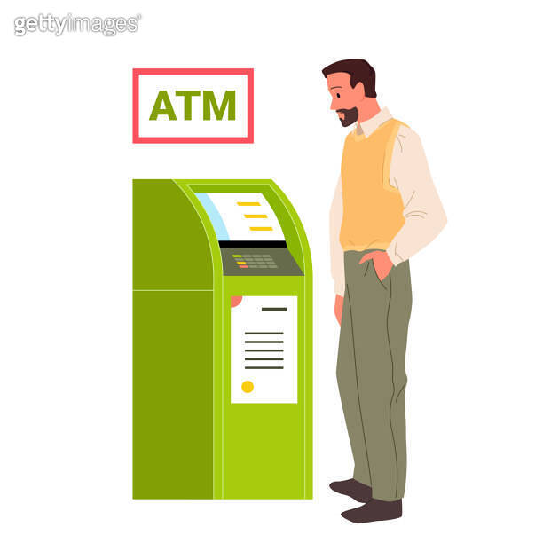 Man using ATM to pay or withdraw cash money, young male character in ...