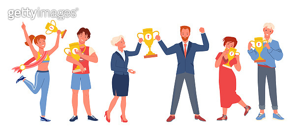 Happy people winners with first place awards set, winning gold cup ...