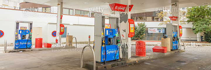 Pumps of a French Esso Express gas station in Issy-les-Moulineaux 이미지 ...