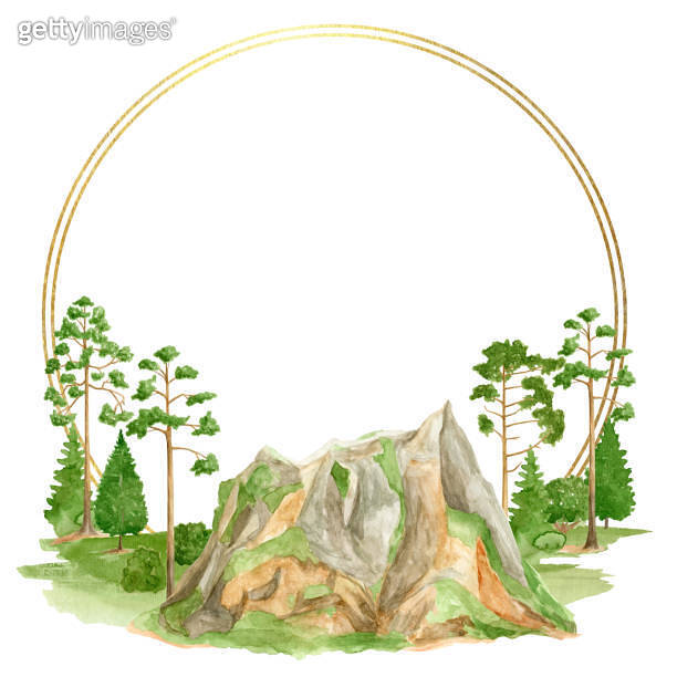Watercolor forest mountains frame. Hand drawn round template, green ...