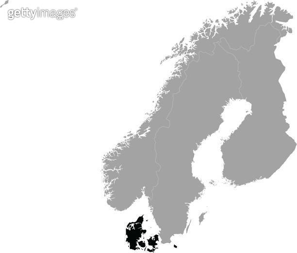Black Map of Denmark within the gray map of Scandinavian peninsula ...