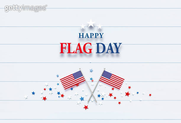 Happy Flag Day Message Sitting Above American Flag Pair On White ...