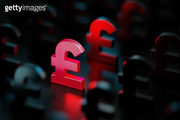 Red British Pound Sign Glowing Amid Black British Pound Signs On Black ...