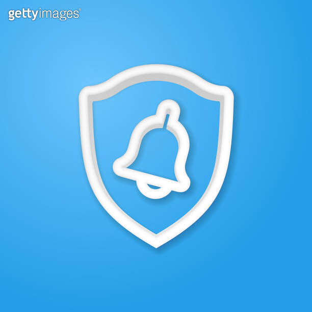 police shield and bell, security alert signal realistic icon. 3d line ...