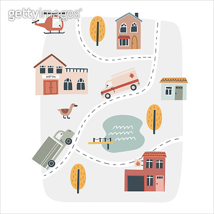 Cute town map. Hand drawn vector illustration for nursery (1362881165 ...