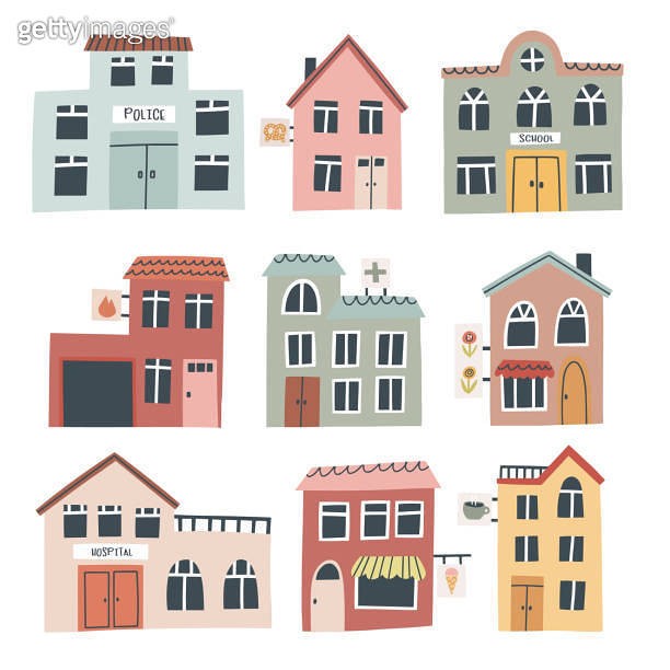 Set of cute buildings. Hand drawn vector illustration for kids design ...