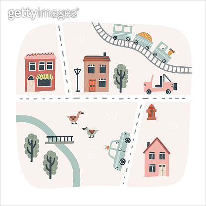 Cute town map. Hand drawn vector illustration for nursery (1362881160 ...
