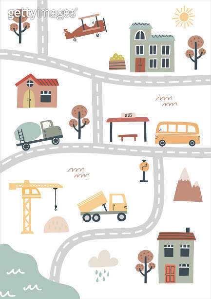 Cute town map. Hand drawn vector illustration for nursery (1362881167 ...