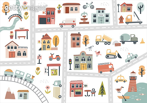 Cute town map. Hand drawn vector illustration for nursery (1362881169 ...