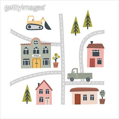 Cute town map. Hand drawn vector illustration for nursery 이미지 ...