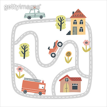 Cute town map. Hand drawn vector illustration for nursery (1366943850 ...