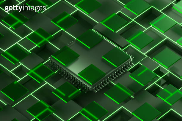 Abstract technology background computer chip on cube blocks with neon ...