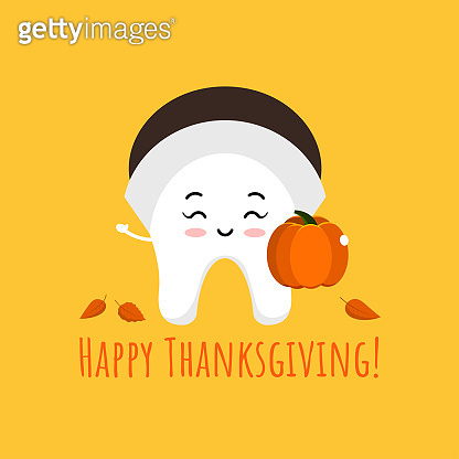 Thanksgiving happy tooth girl in pilgrim bonnet hat with pumpkin in ...