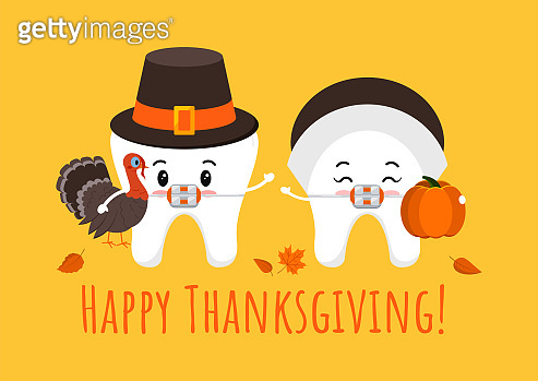 Thanksgiving tooth in braces in pilgrim hat with pumpkin and turkey in ...