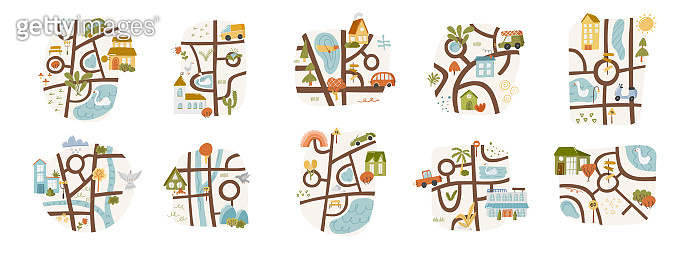 Set of 10 cute landscape doodle map with pond, route and house river ...