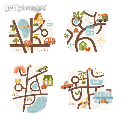 Set of 4 cute landscape doodle map with pond, route and house river ...