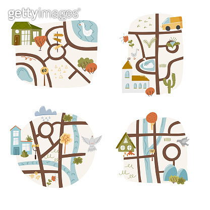 Set of 4 cute landscape doodle map with pond, route and house river ...