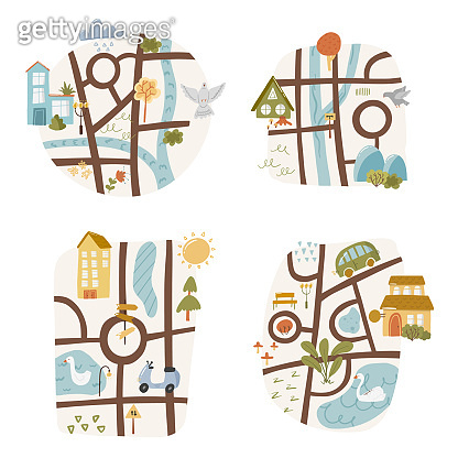 Set of 4 cute landscape doodle map with pond, route and house river ...